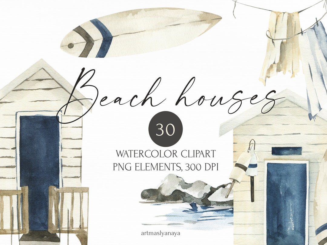 Watercolor Beach Houses Clipart. Digital Painted Summer Seascapes for ...