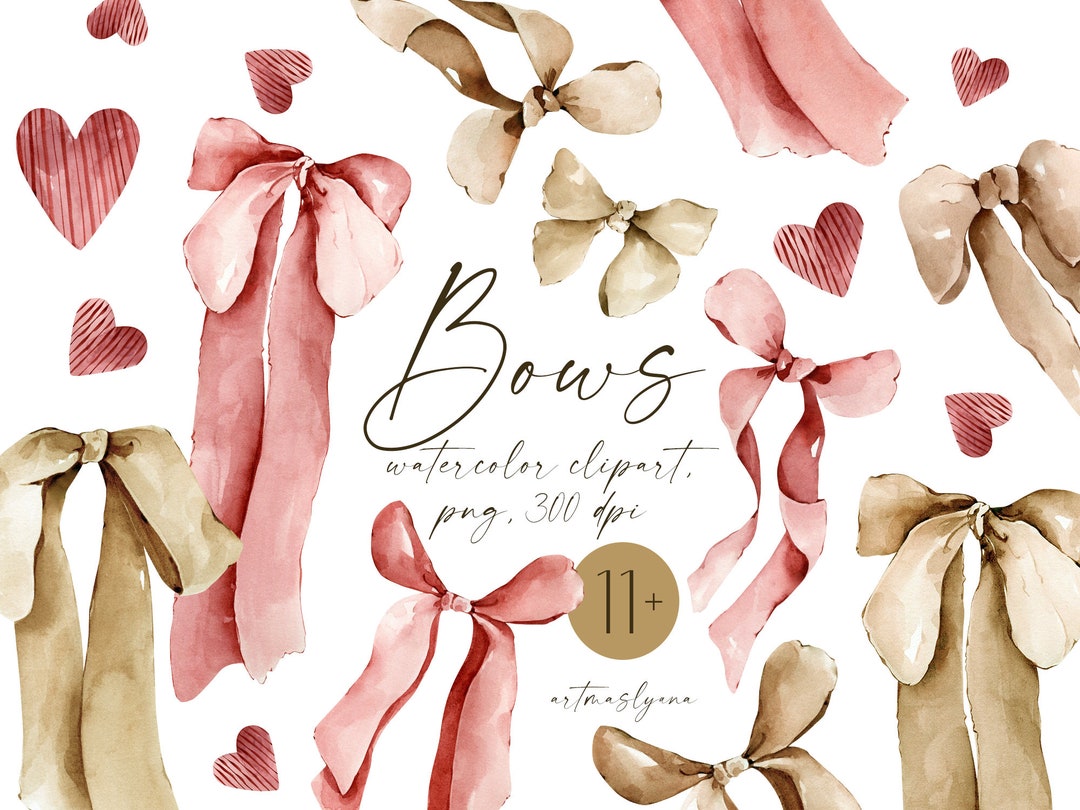 Watercolor Clipart, Bows, Hearts, Valentine's Day, Birthday, Holidays ...