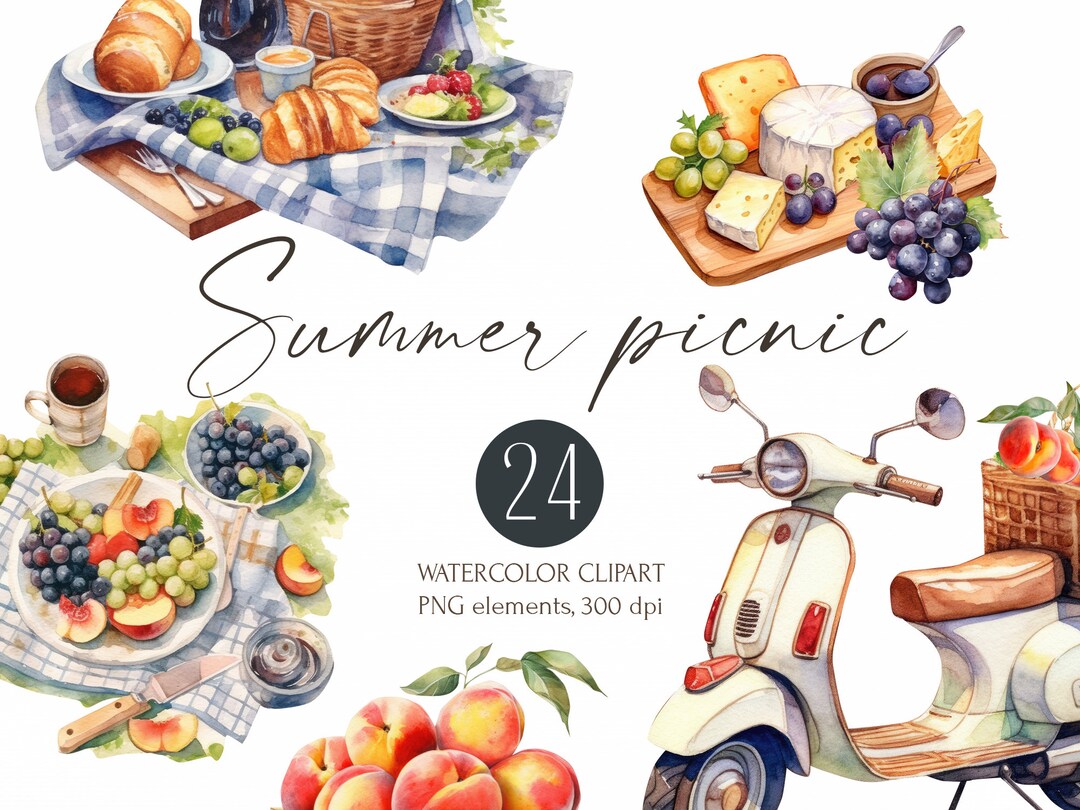 Watercolor Clipart Summer Picnic, Fresh Fruits, Wine, Garden Picnic ...
