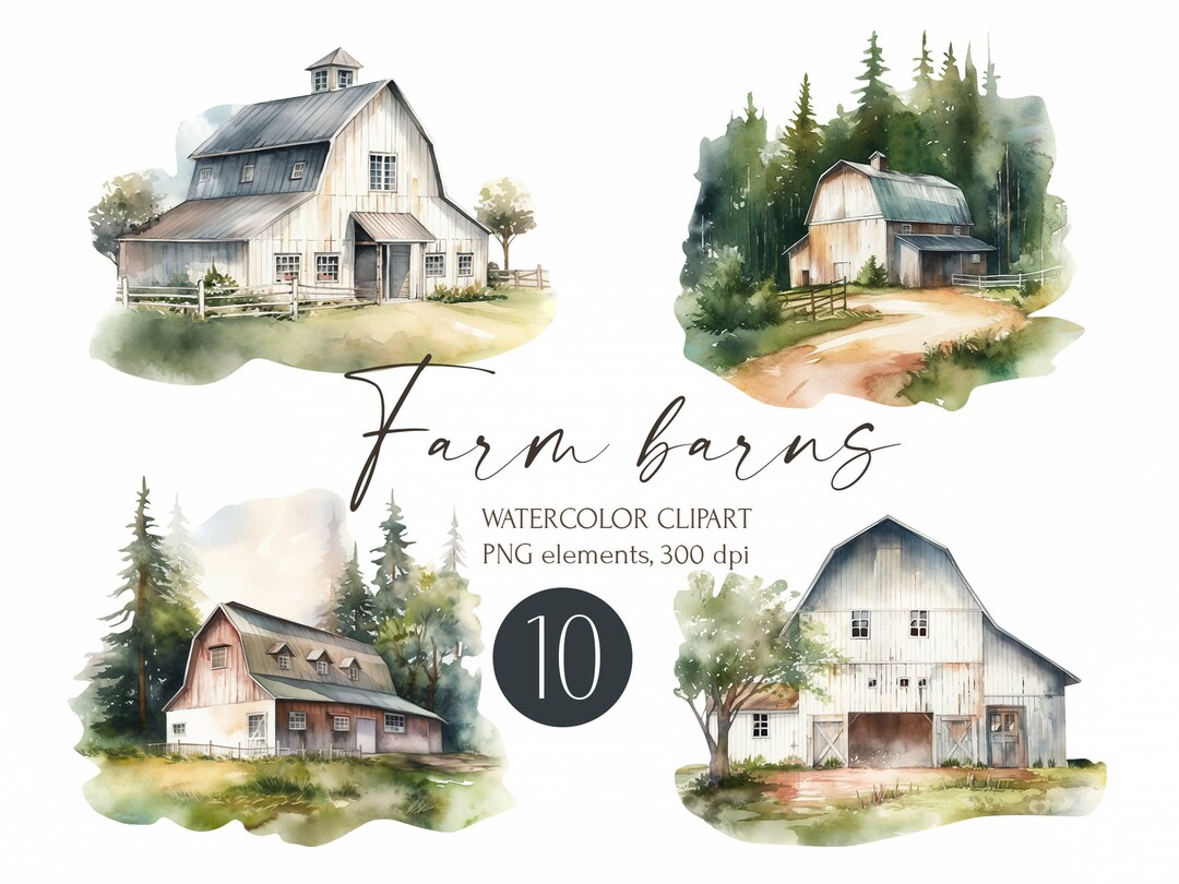 Watercolor Farm Barn Clipart PNG. Commercial Use, Digital Images, Farm ...