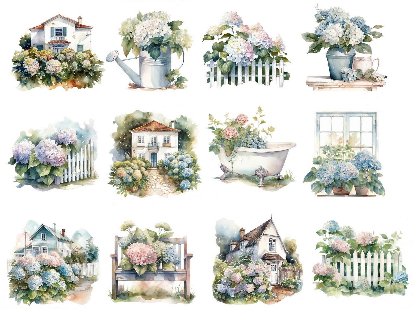 Watercolor Hydrangea Garden Clipart PNG. Commercial Use, Digital Images ...