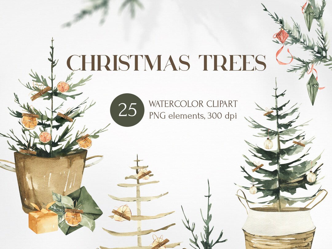 Watercolor Christmas Trees Clipart for Instant Download. Decorated ...