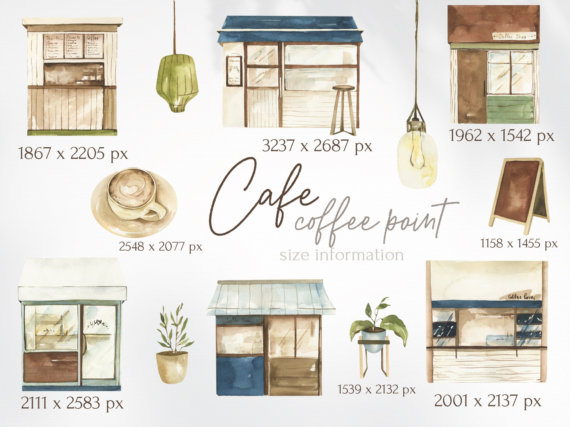 Watercolor Coffee Houses Cafe Buildings Modern Coffee Point. - Etsy