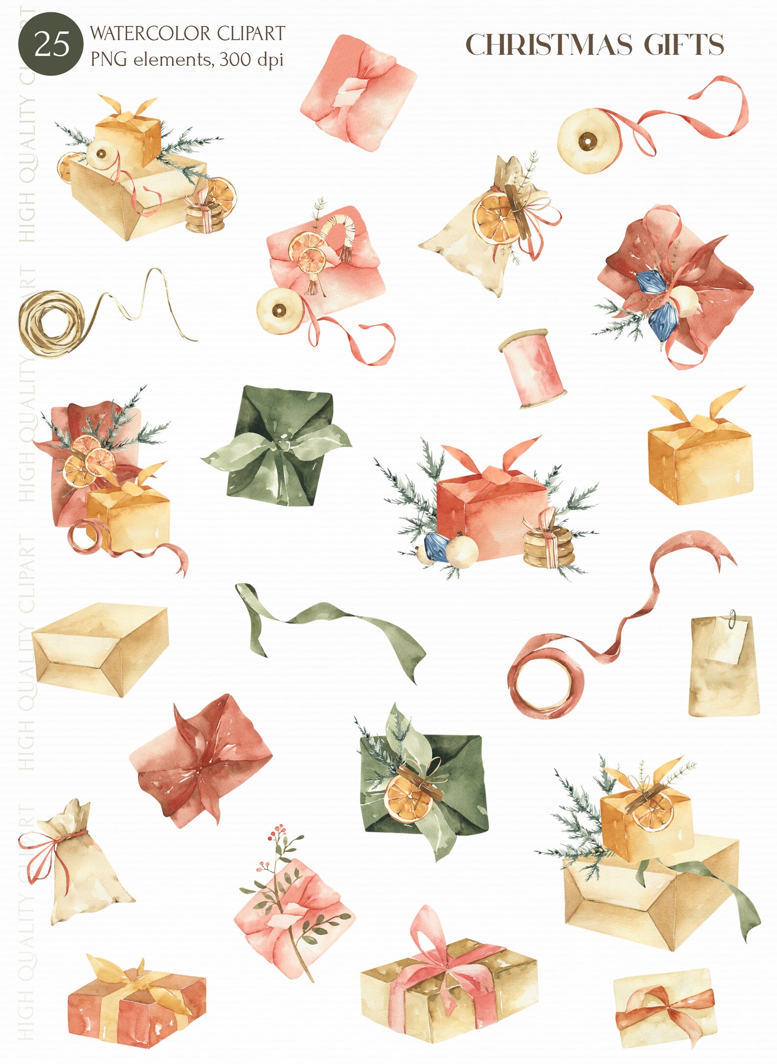 Watercolor Christmas Clipart of Gifts Packages and Ribbons | Etsy
