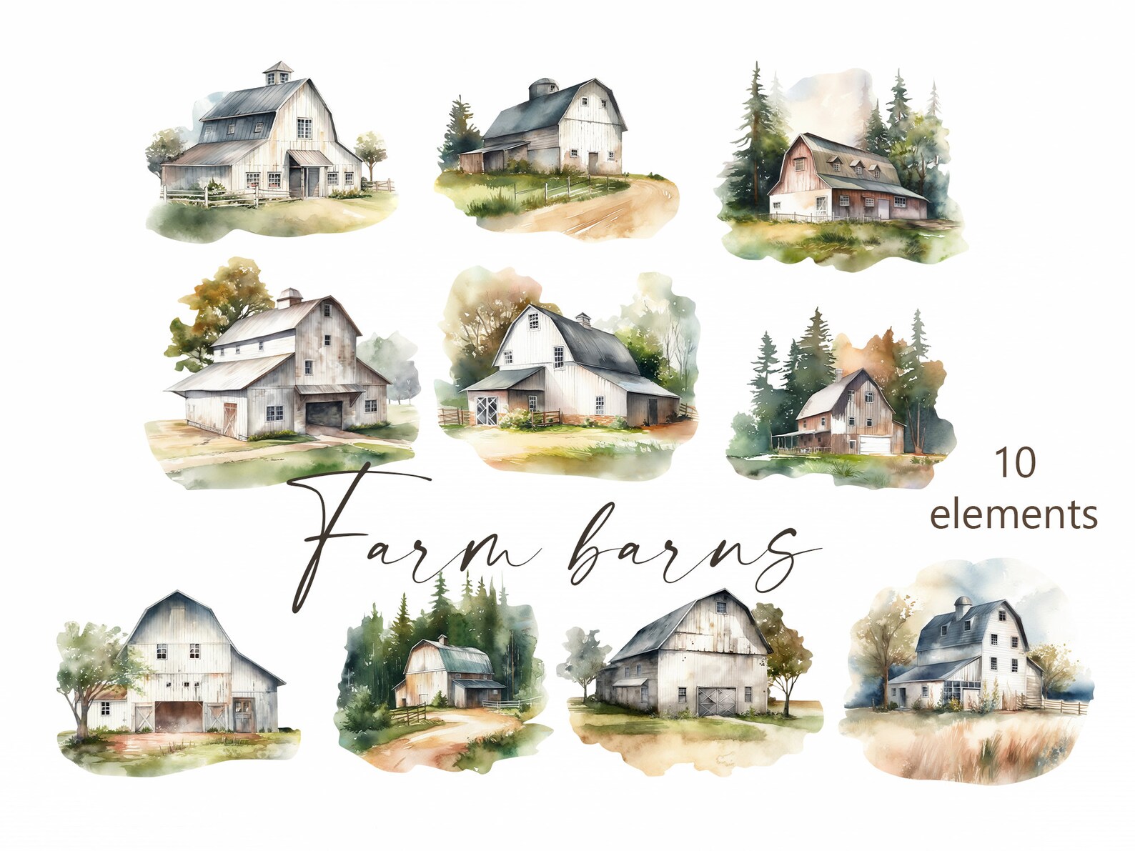Watercolor Farm Barn Clipart PNG. Commercial Use, Digital Images, Farm ...