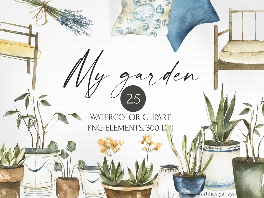 Watercolor Garden Clipart. Plants, Furniture, Garden Compositions for ...