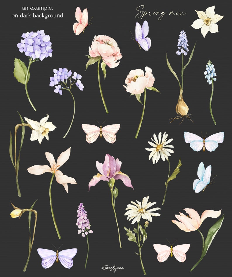 Watercolor Spring Flowers Butterflies Clipart Mix. Digital - Etsy