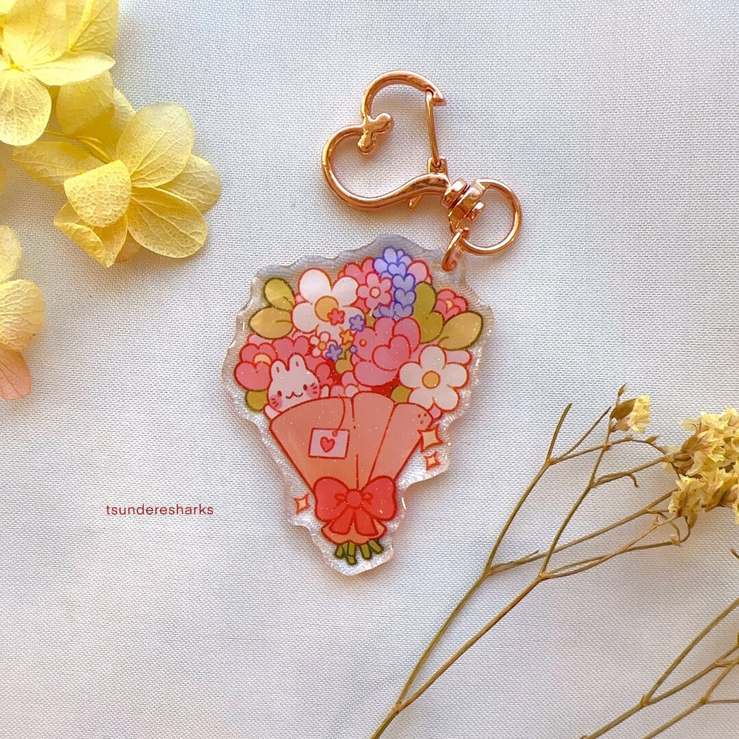 Bouquet Bunny Flowers Epoxy Acrylic Glitter Keychain Charms Cute Kawaii ...