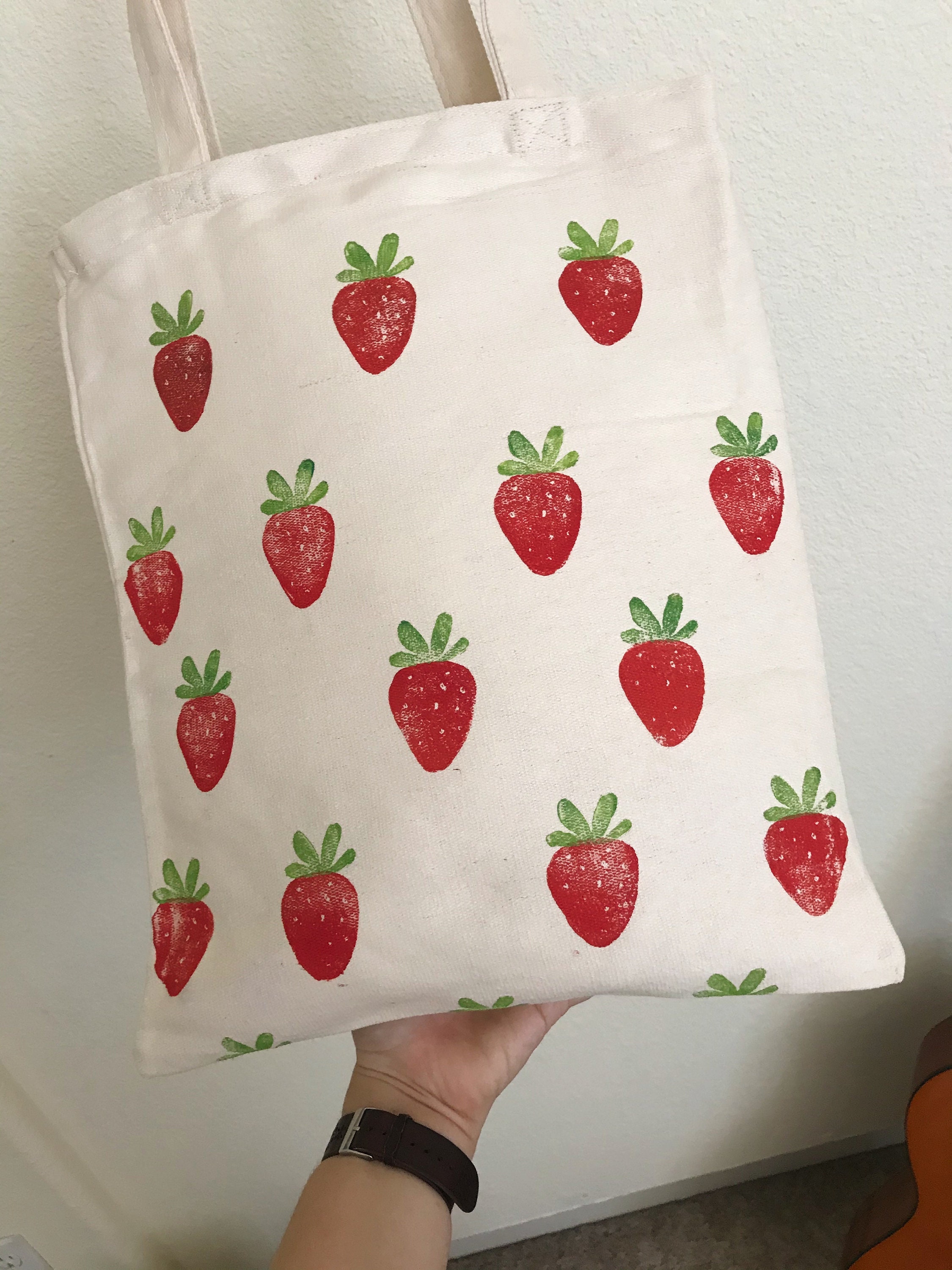Strawberry Print Tote Bag Canvas Bag Strawberry Etsy
