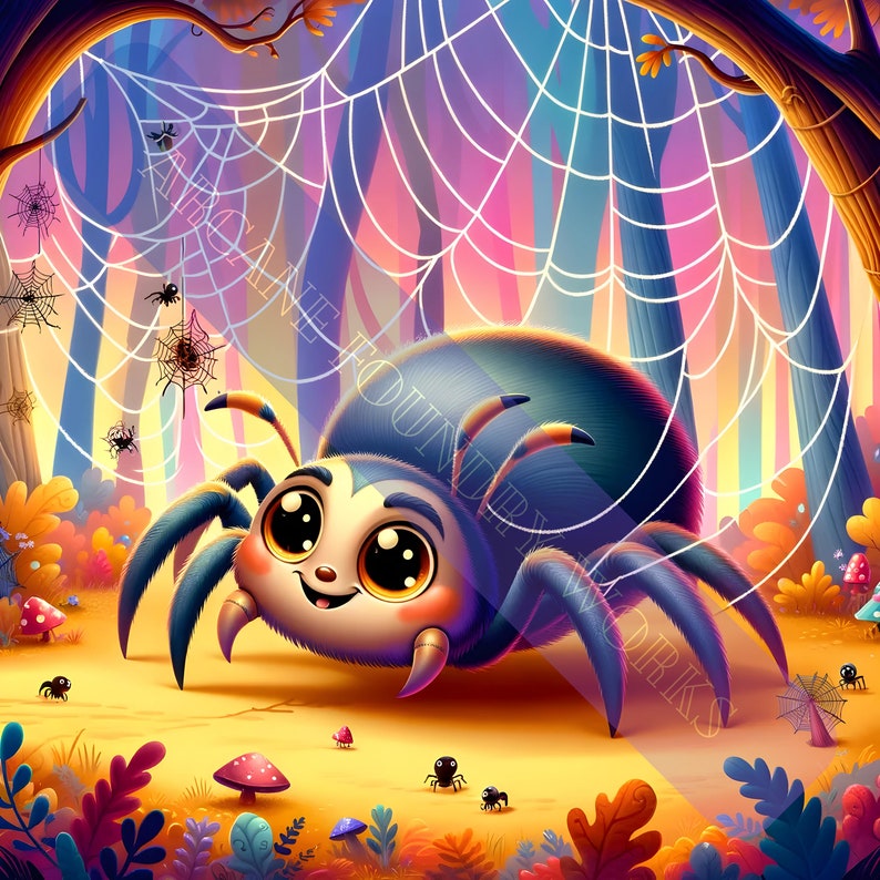 Cute Giant Spider Web Art Print - Whimsical Forest Fantasy Digital ...