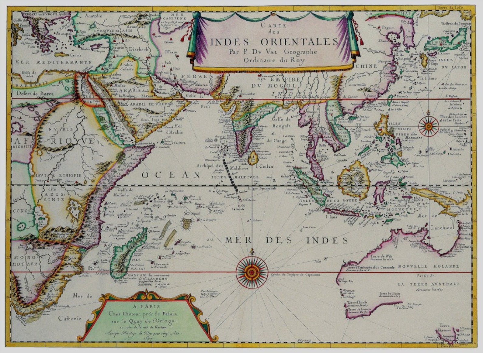 Hermoso mapa vintage del Océano Índico 1677 / Impresión de mapa antiguo ...