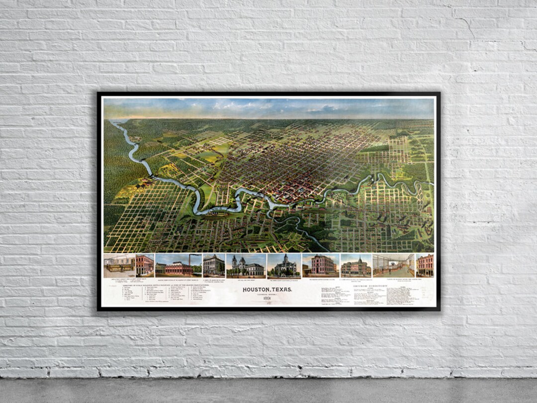Antique Map Print Houston 1891: Vintage Birdseye City View, Archival ...