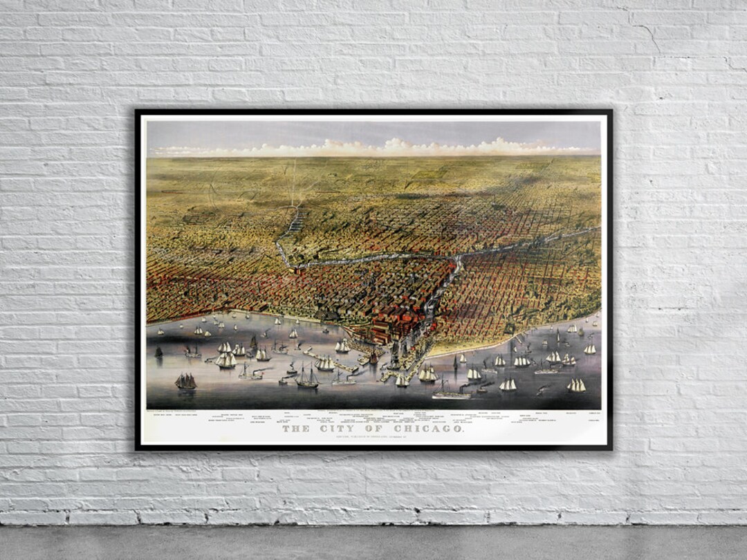 Vintage Antique Birdseye View of Chicago 1874 | Old Map Print | Vintage ...