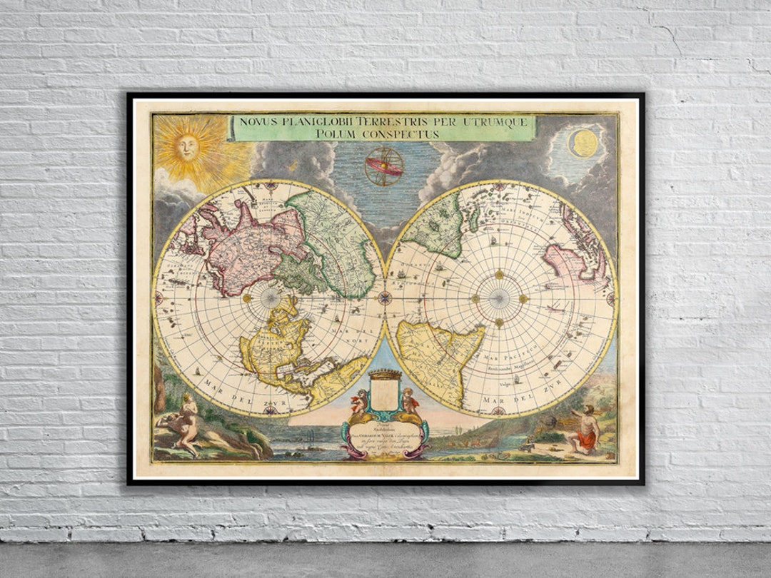 Vintage Map Poster Historical World Map, Gerard Valck 1672 Polar ...