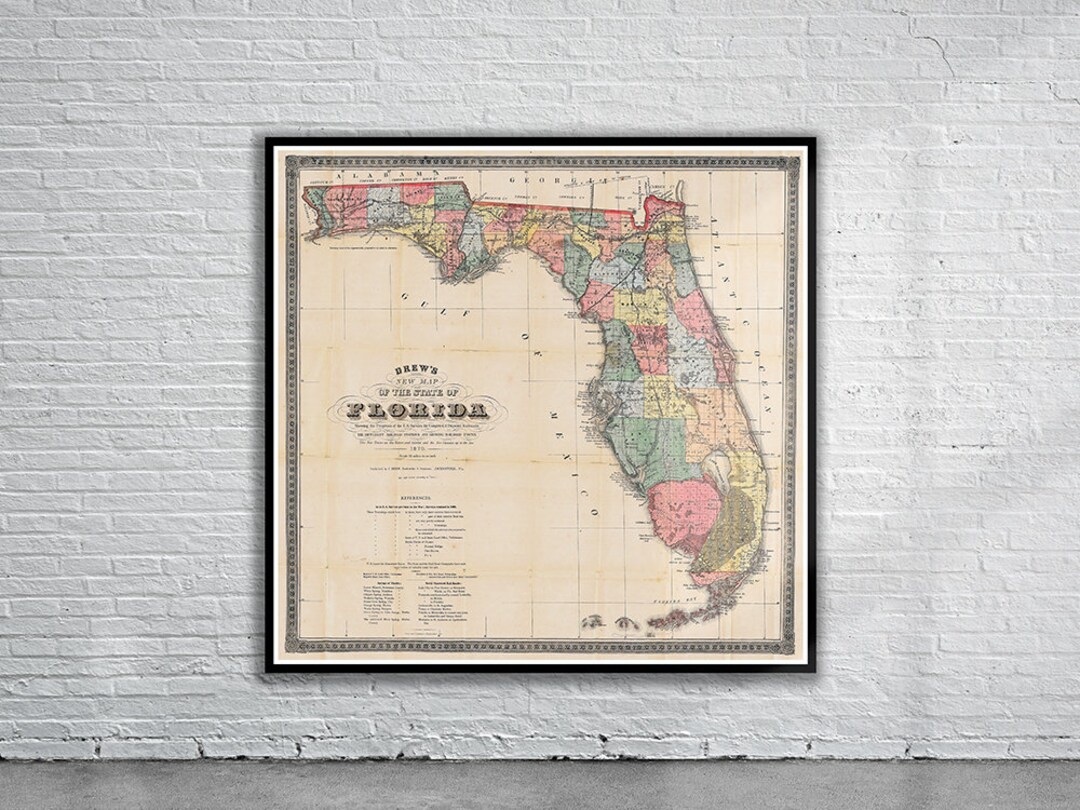 Beautiful Vintage Map of Florida 1870 | Old Map Print | Vintage Wall ...