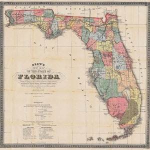 Beautiful Vintage Map of Florida 1870 | Old Map Print | Vintage Wall ...