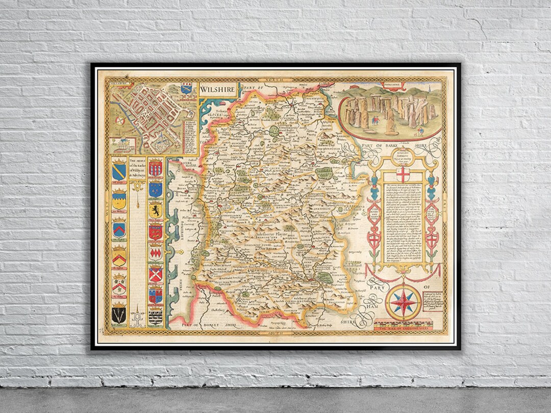 Antique Map Wiltshire England Vintage Print, John Speed 1676 ...