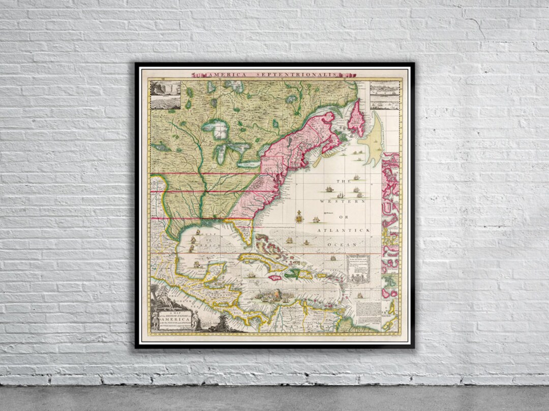 Antique Map Print: Vintage 1733 North America, Full Colour Reproduction ...