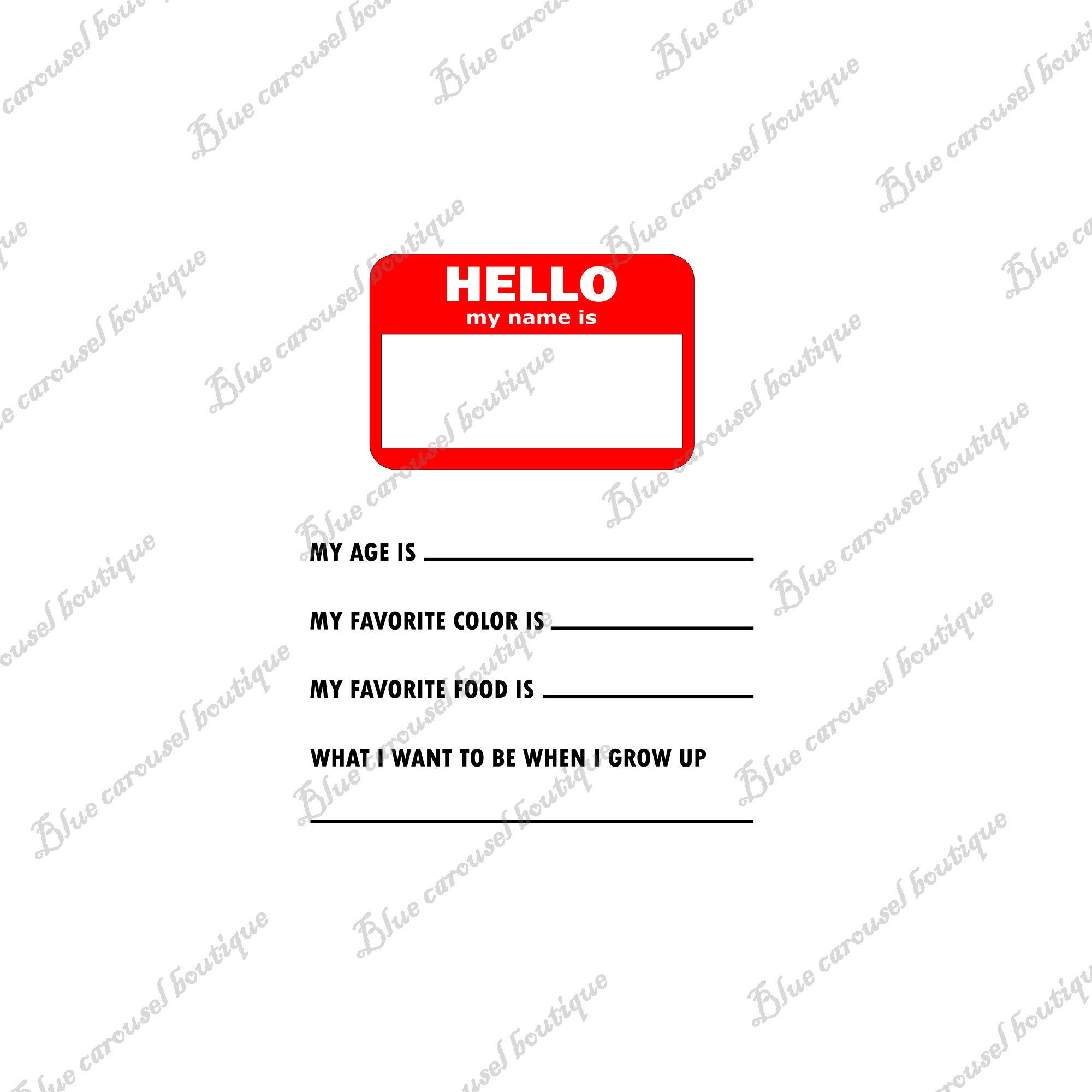 Hello My Name is Cute First Day of School Fill in the Blanks DIGITAL ...