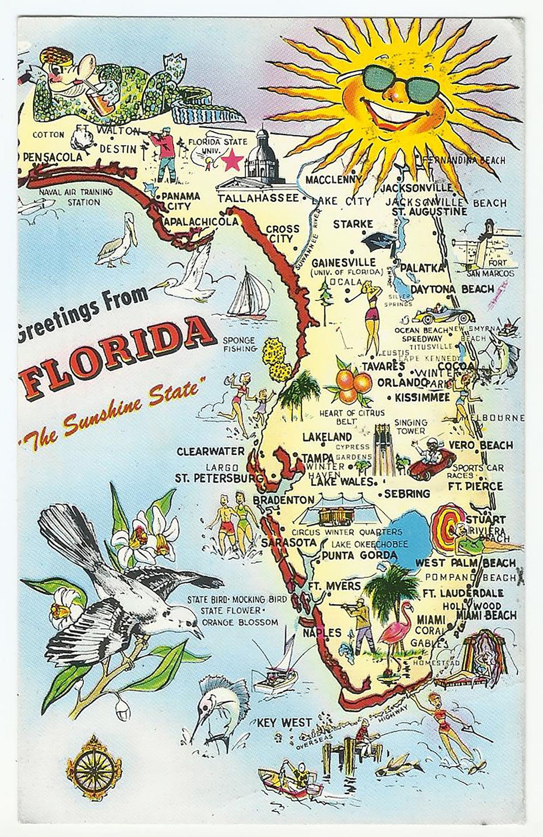 Florida-the Sunshine State, Vintage Postcard, Greetings-illustrated Map ...