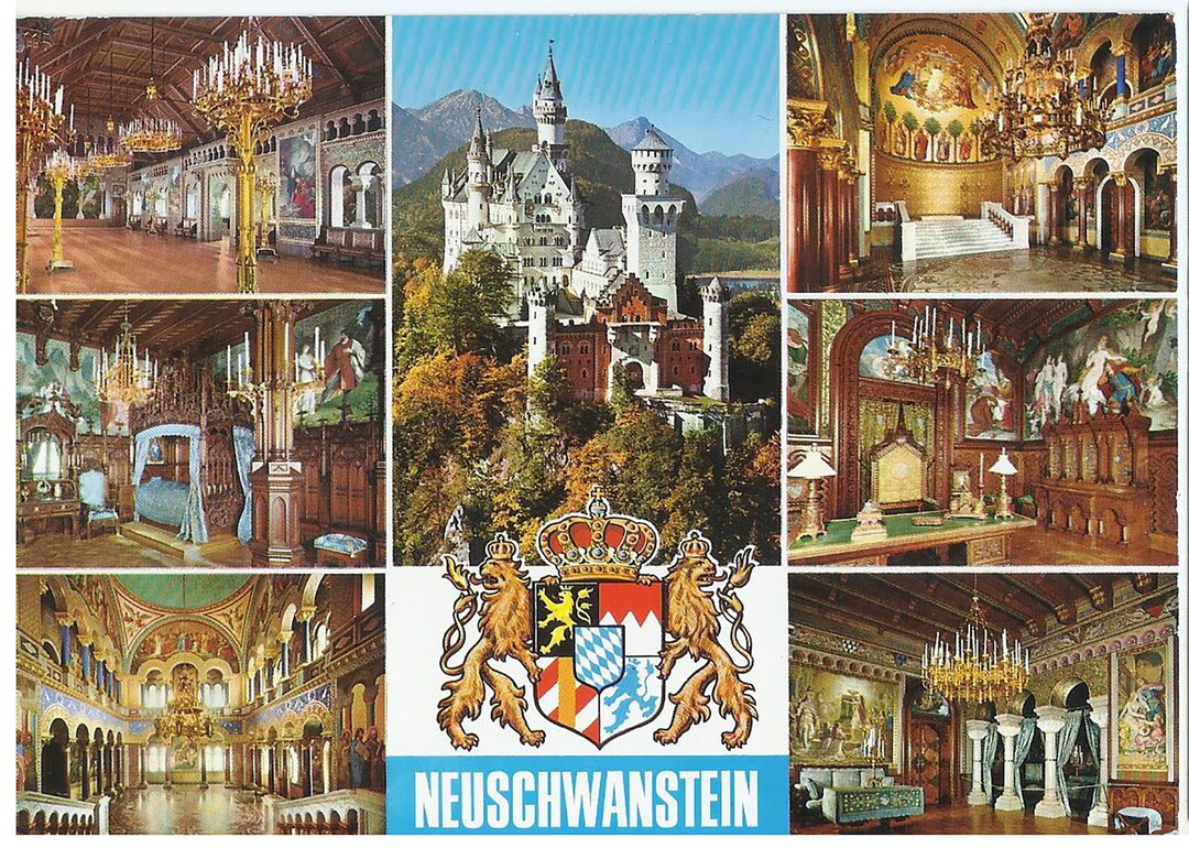 Neuschwanstein Castle Germany, Vintage Postcard, 7 Views-coat of Arms ...
