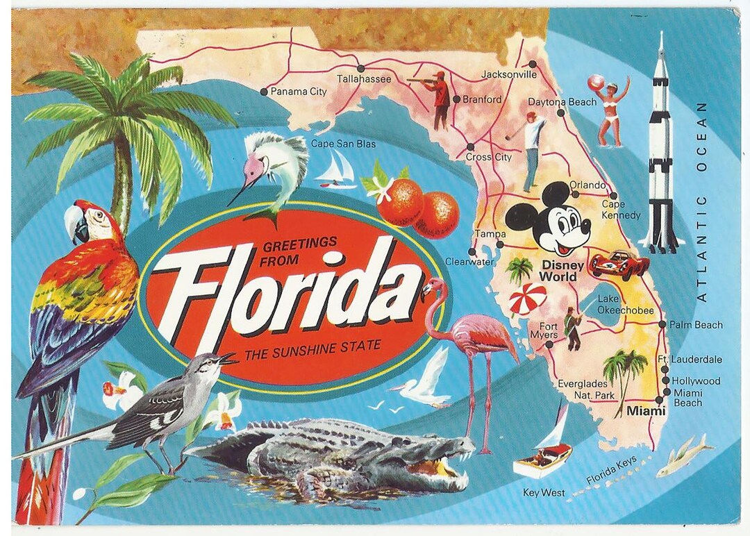 Florida-the Sunshine State, Vintage Postcard, Greetings-illustrated Map ...