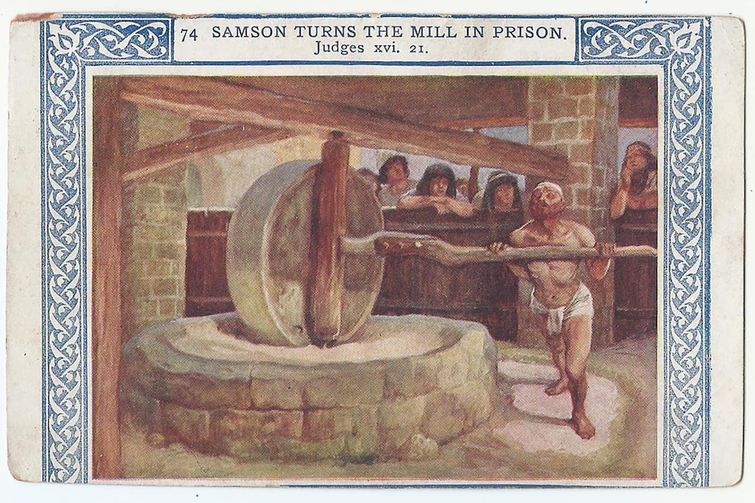 Samson Turns the Mill in Prison, Vintage Card, Judges 16-21, Religious ...
