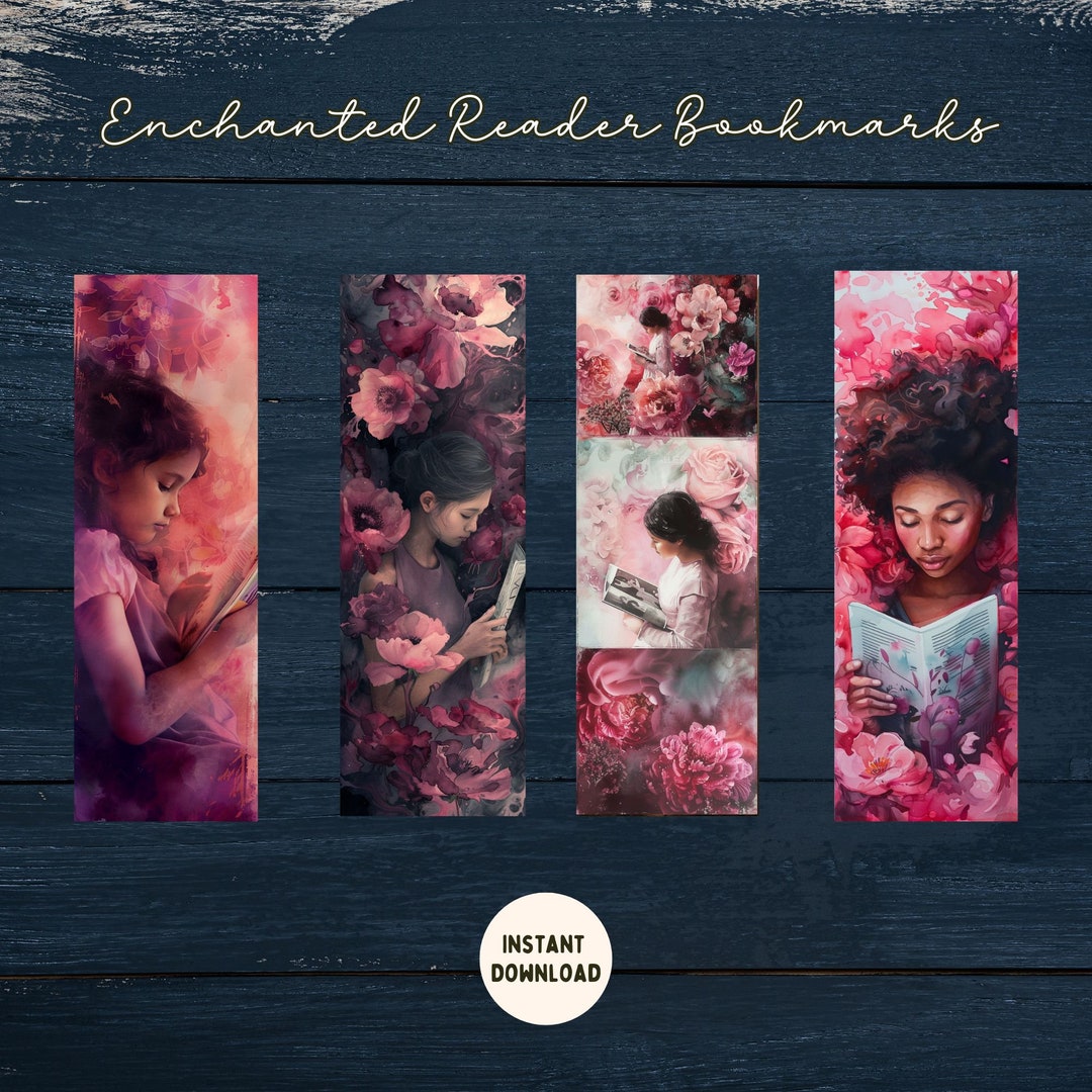 Enchanted Reader Set: 4 Digital Watercolor Bookmarks Light Red & Magenta Floral Art Instant ...