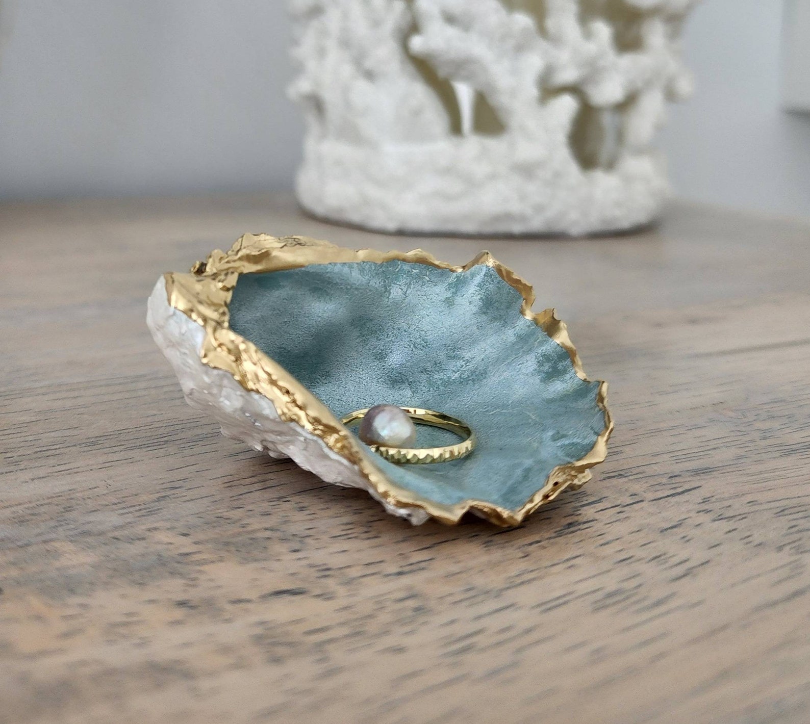 Set of 2 Eggshell Blue & Gold Scallop Shell W. Oyster Trinket - Etsy