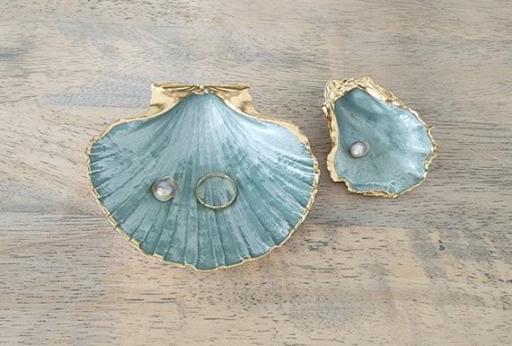 Set of 2 Eggshell Blue & Gold Scallop Shell W. Oyster Trinket - Etsy