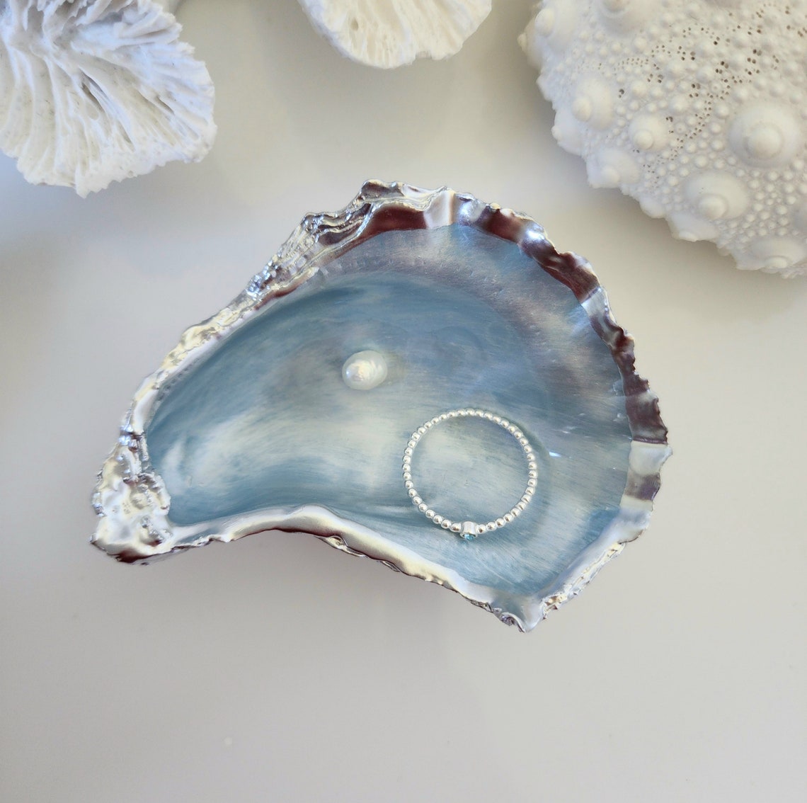 3 Silver & Blue Oyster Shell Ring, Trinket, Jewellery Dish W Pearl ...