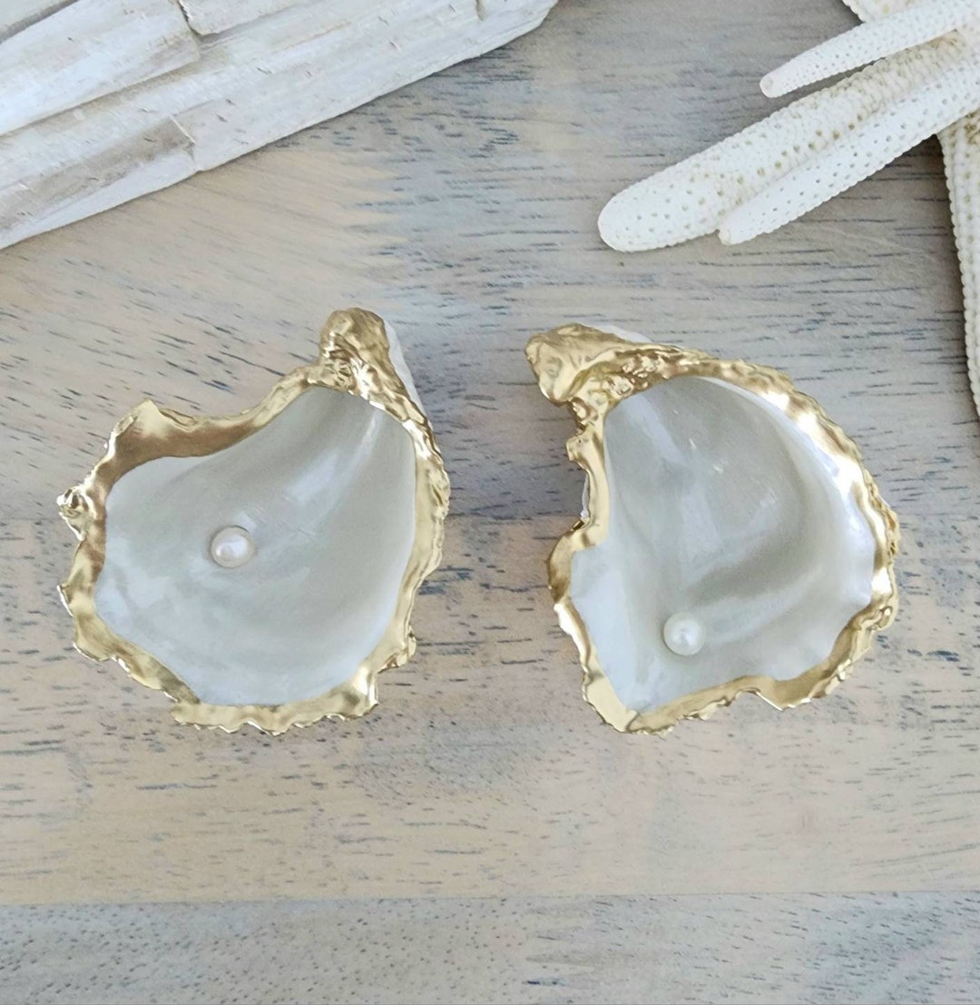 Set of 3 Gold, Sand & White Oyster Shell Trinket Dish. Ring, Jewellery ...