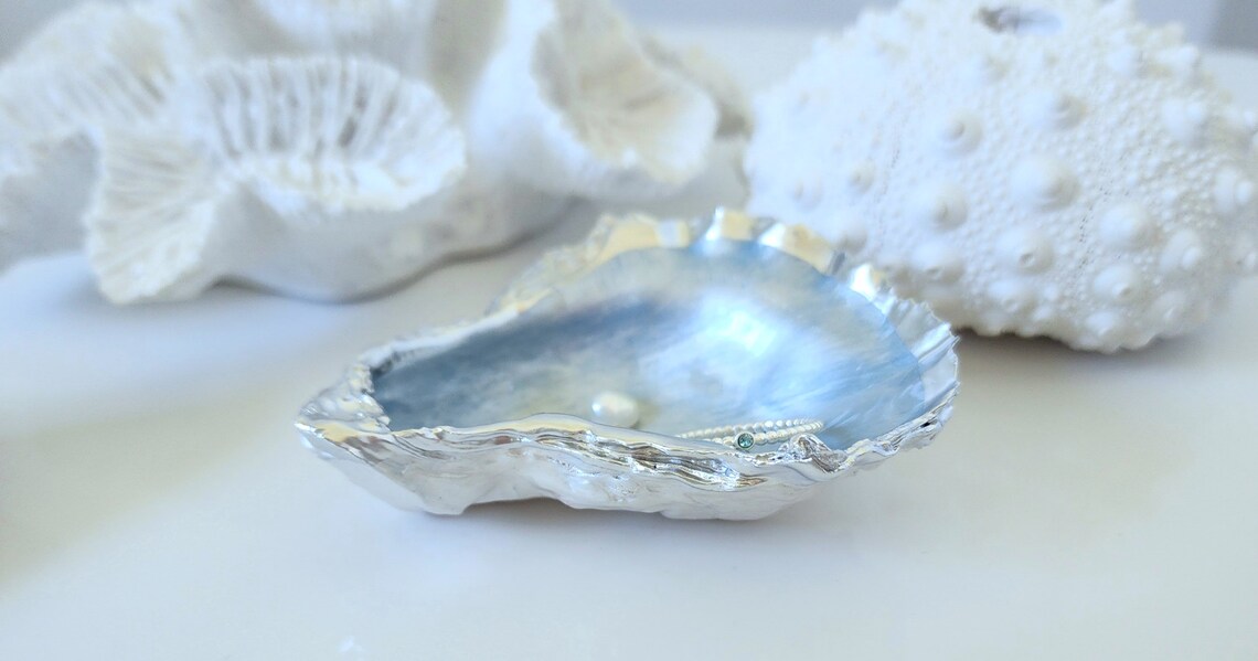 3 Silver & Blue Oyster Shell Ring, Trinket, Jewellery Dish W Pearl ...