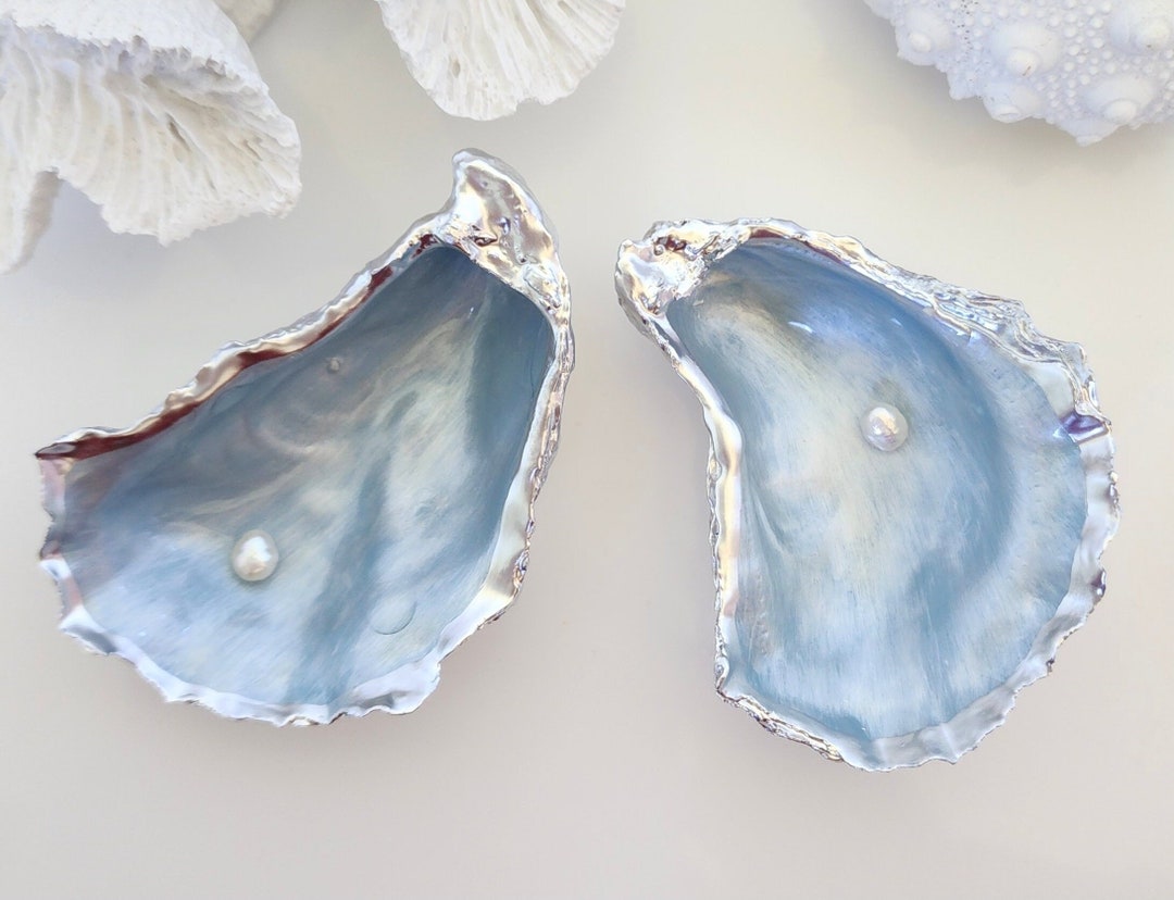 3 Silver & Blue Oyster Shell Ring, Trinket, Jewellery Dish W Pearl ...