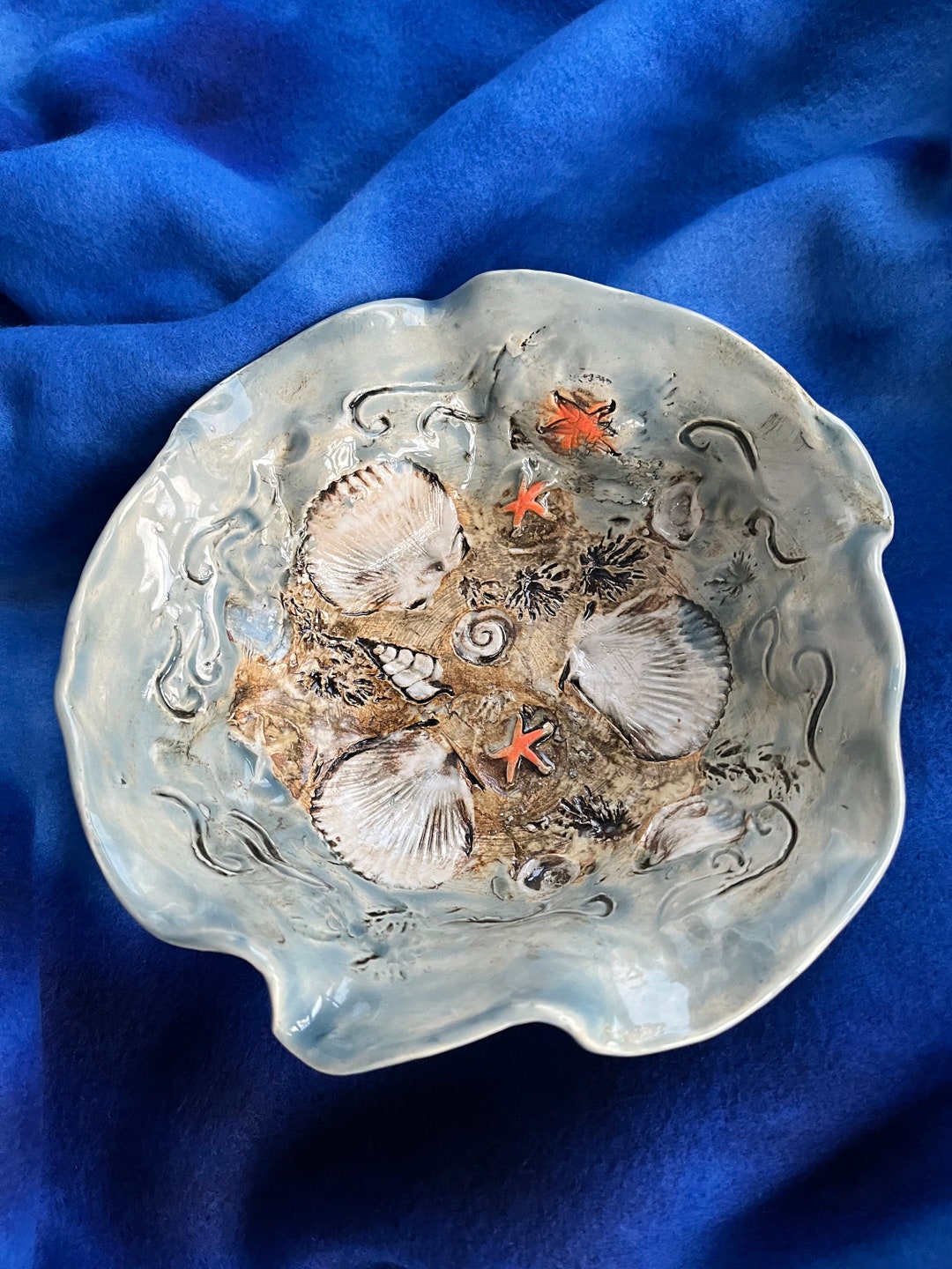 Beachy Seashells Pottery Bowl Dish, Trinket Hand Made Freeform Wavy ...