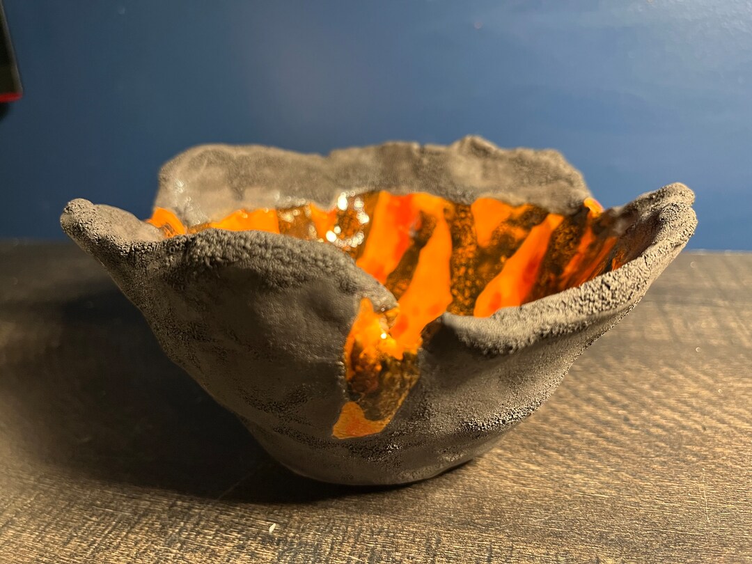 Volcano Art Pottery Vase, Mauna Loa Ceramic Bowl Dish, Orange and Black ...
