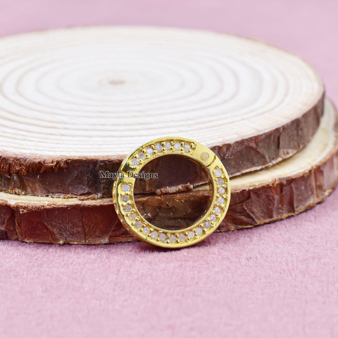 14k Gold Round Push Lock, Pave Diamond Charm Holder, Diamond Charm ...