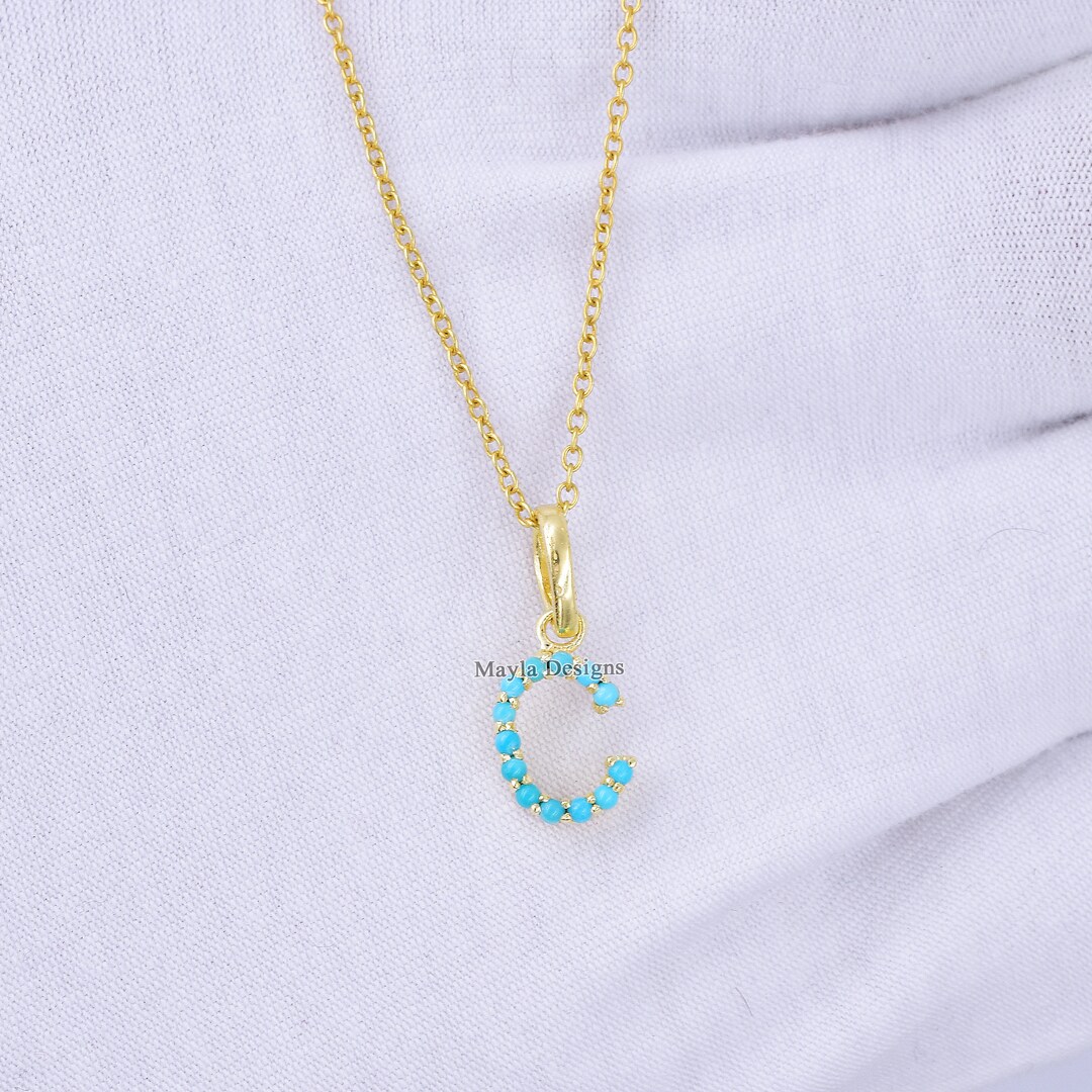 Turquoise C Letter Necklace, 14k Yellow Gold Turquoise Letter Charm ...