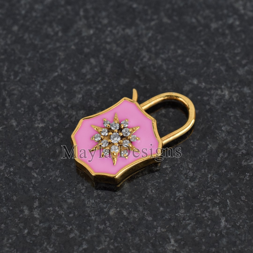 Pink Enamel Padlock, 14k Gold Vermeil Padlock Charms, New Designer ...