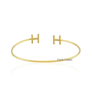 Initial Diamond Cuff Bangle, 14k Yellow Micro Gold Plated Cuff Bangle ...