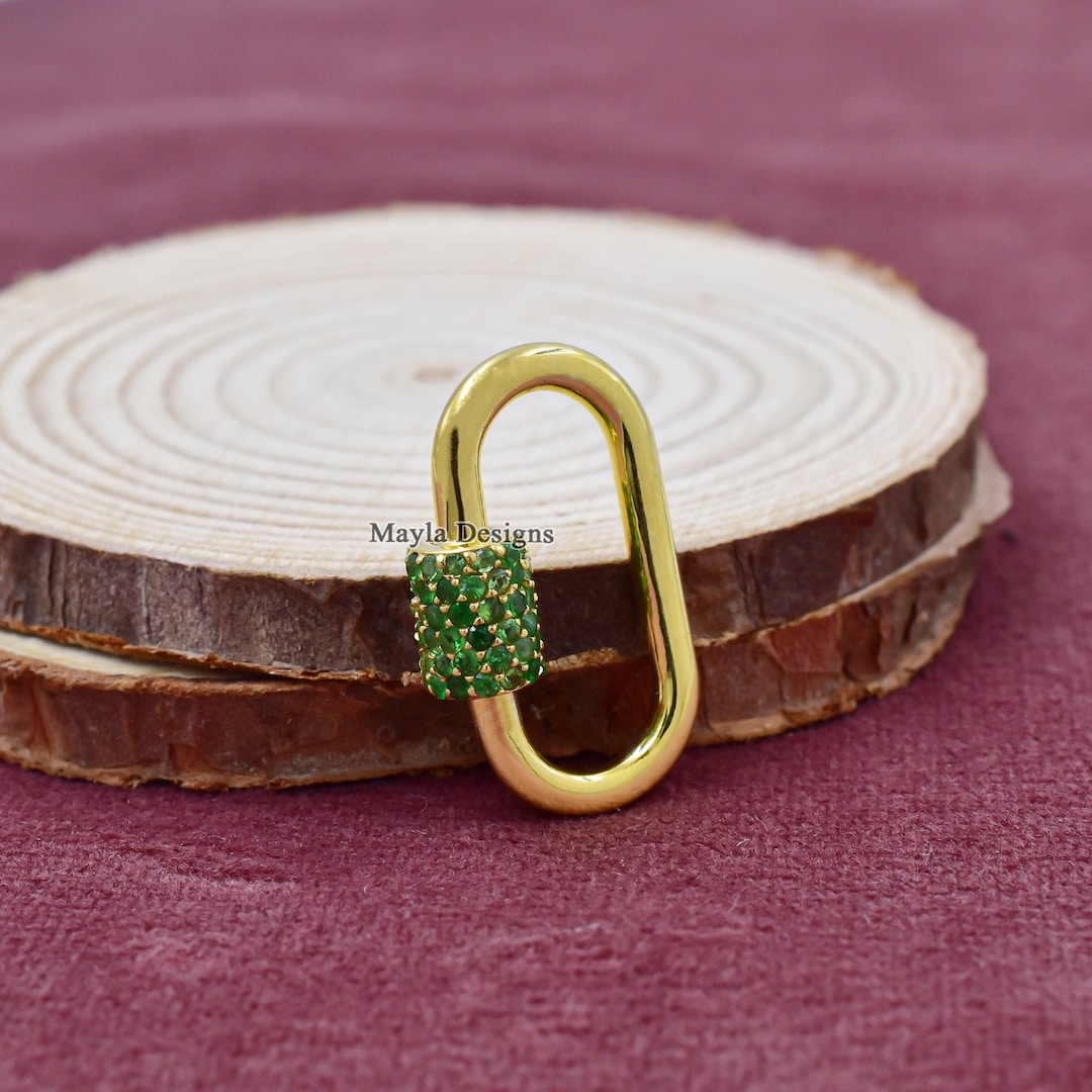 14K Yellow Gold Carabiner Lock, Emerald Carabiner Lock, Woman Necklace ...