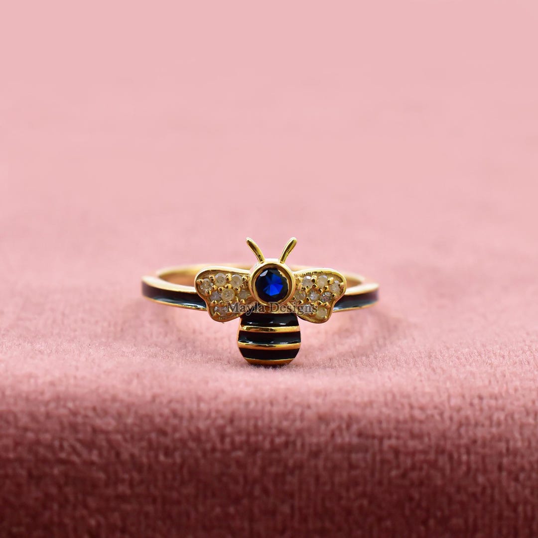 New Designer Honey Bee Ring, Blue Sapphire Enamel Bee Ring, Designer ...