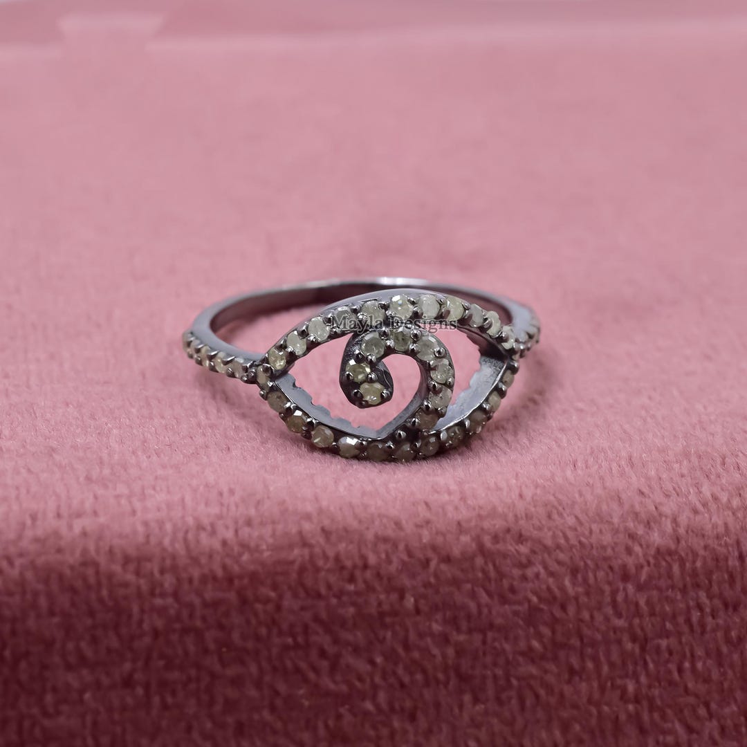 925 Silver Evil Eye Band Ring, Pave Diamond Lucky Band Ring, Handmade ...