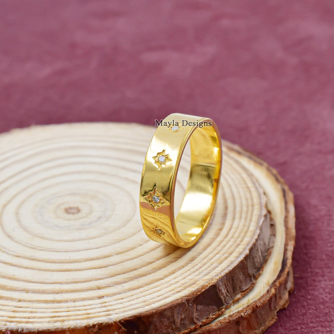 14k Yellow Gold Plated Diamond Band Ring, Women Cigar Band Ring, 925 ...
