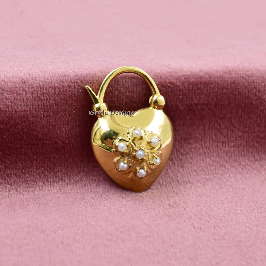 14K Yellow Gold Plated Pearl Padlock, Vintage Designer Padlock, Pearl ...