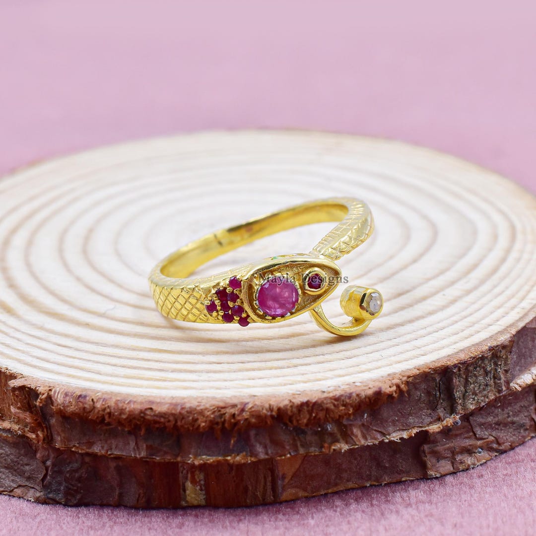 14K Yellow Gold Snake Ring With Pink & White Topaz - Etsy