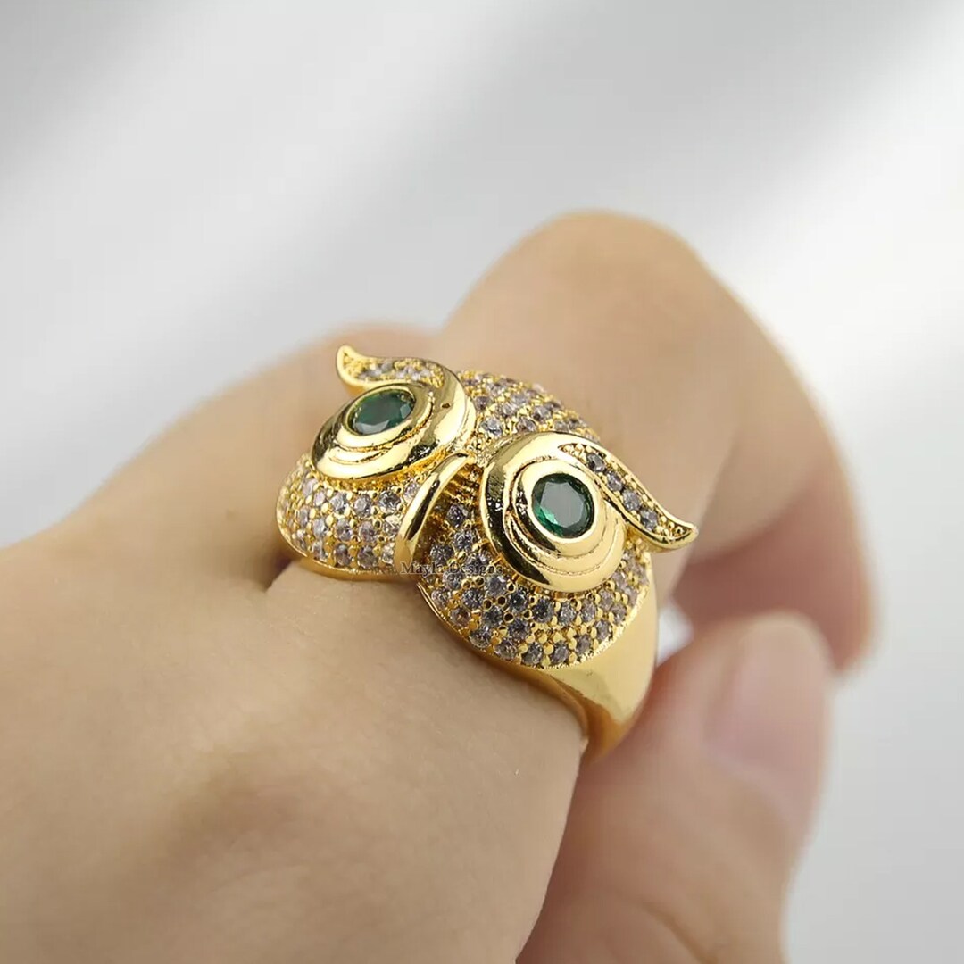925 Silver Owl Ring, 14k Yellow Gold Plated Diamond Owl Ring, Emerald ...