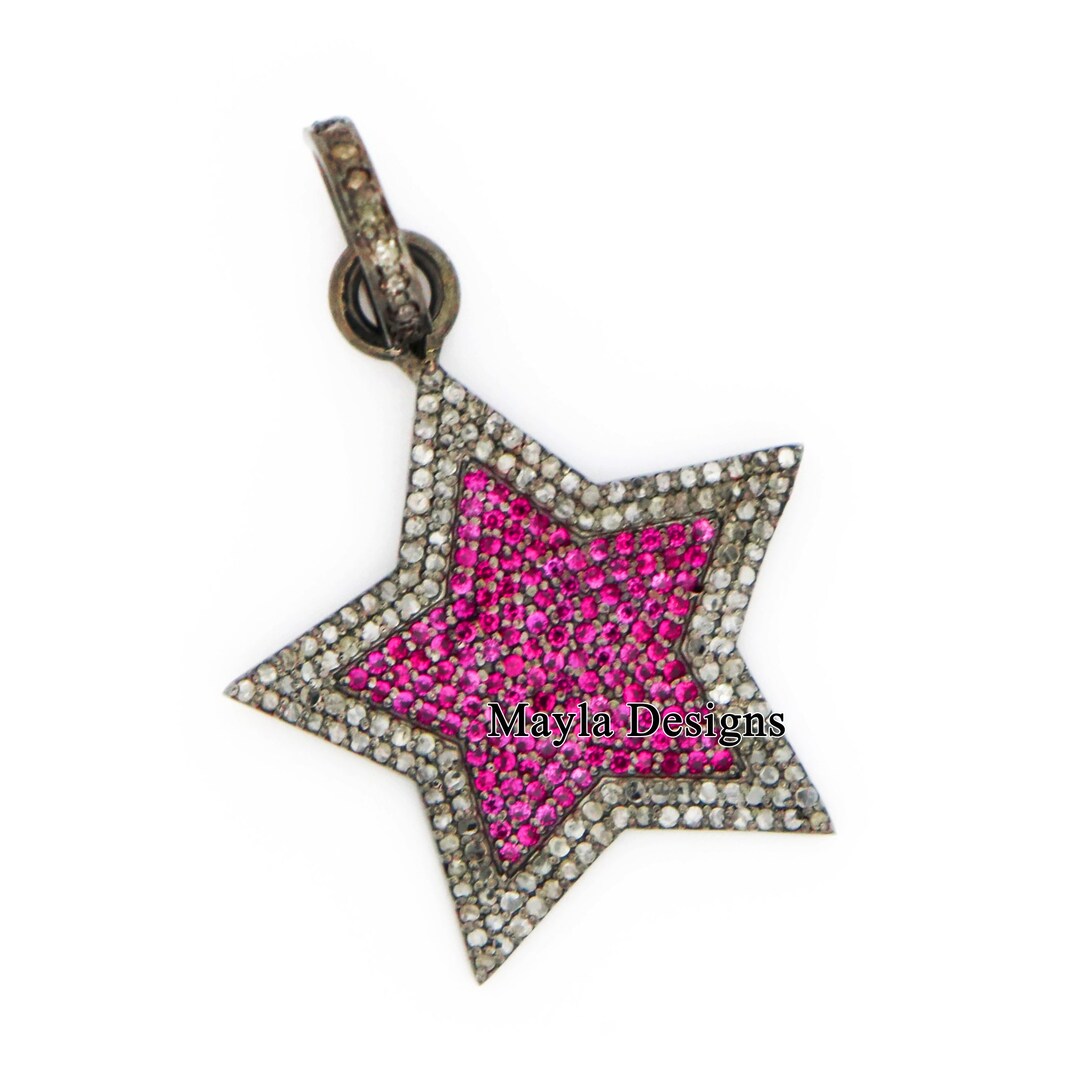 Pave Diamond Star Pendant, Handmade Pink Sapphire Star Pendant ...