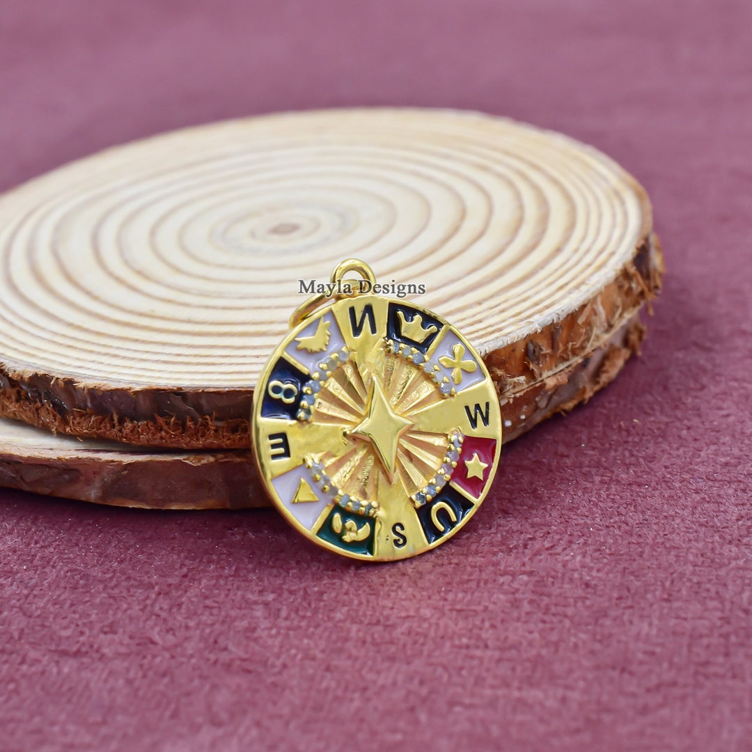 Handmade 14K Yellow Gold Enamel Compass Pendant, Diamond Charm - Etsy