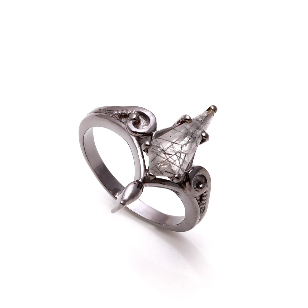 Black Rutile Quartz Kite Ring, Oxidized Sterling Silver Jewelry - Etsy